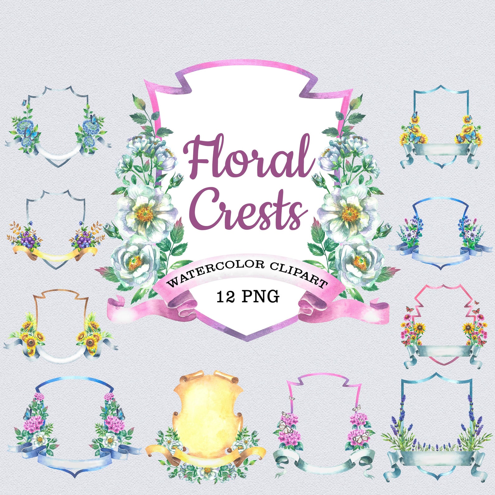 Watercolor Floral Crest Set, Wedding Crest, Family Crest, Vintage Style ...