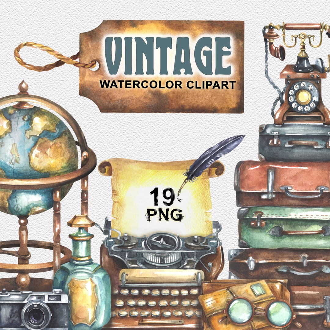 Vintage Watercolor Clipart: Antique Camera, Globe, Typewriter (PNG ...