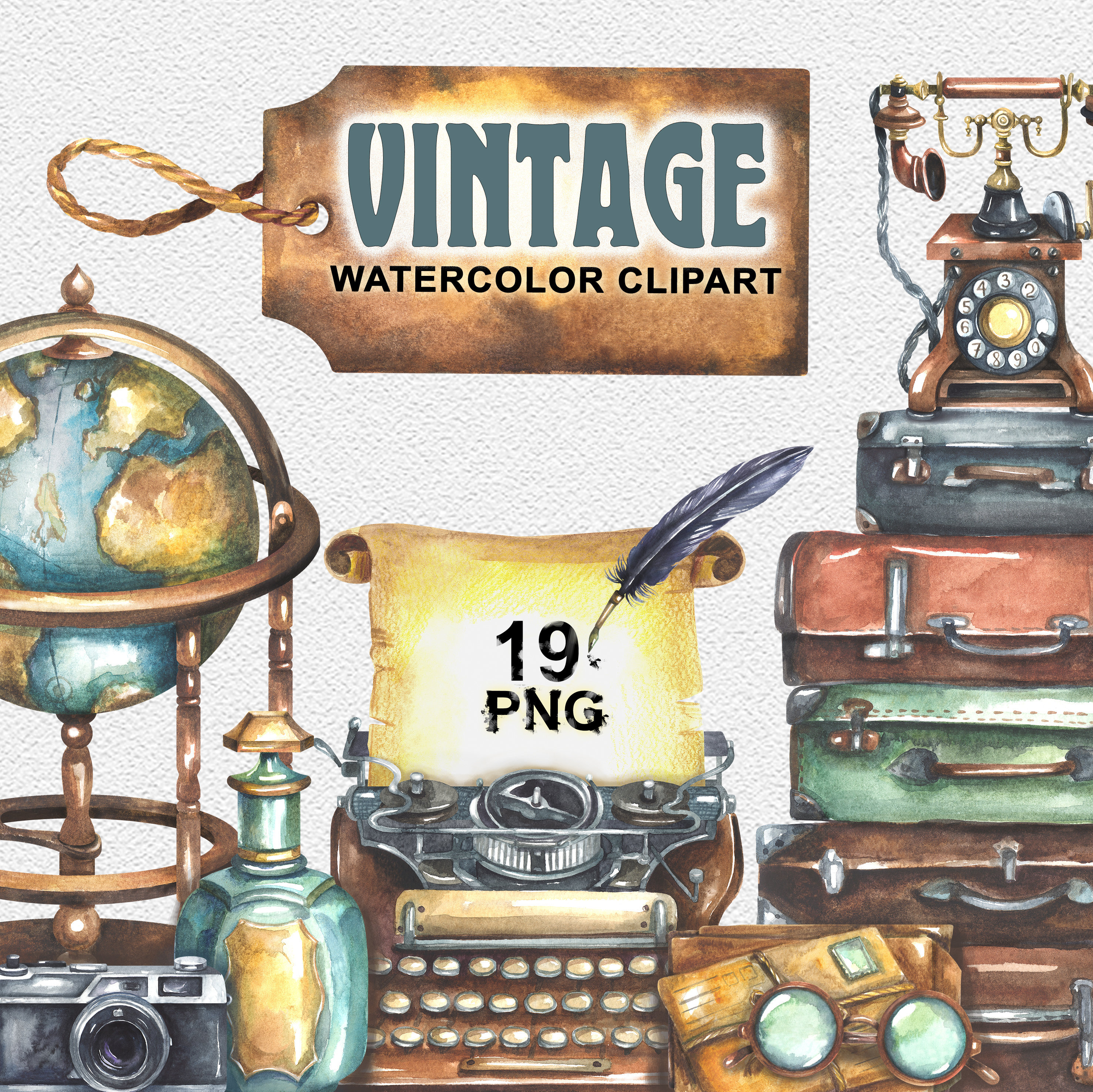 Vintage Watercolor Clipart: Antique Camera, Globe, Typewriter (PNG ...