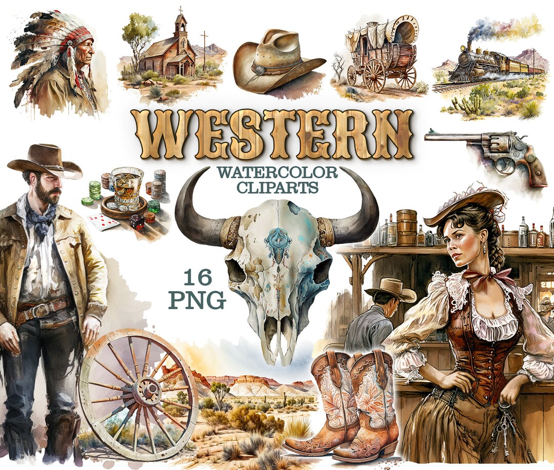 Watercolor Western Clipart, Cowboy Clipart, Wild West Clipart, Country ...