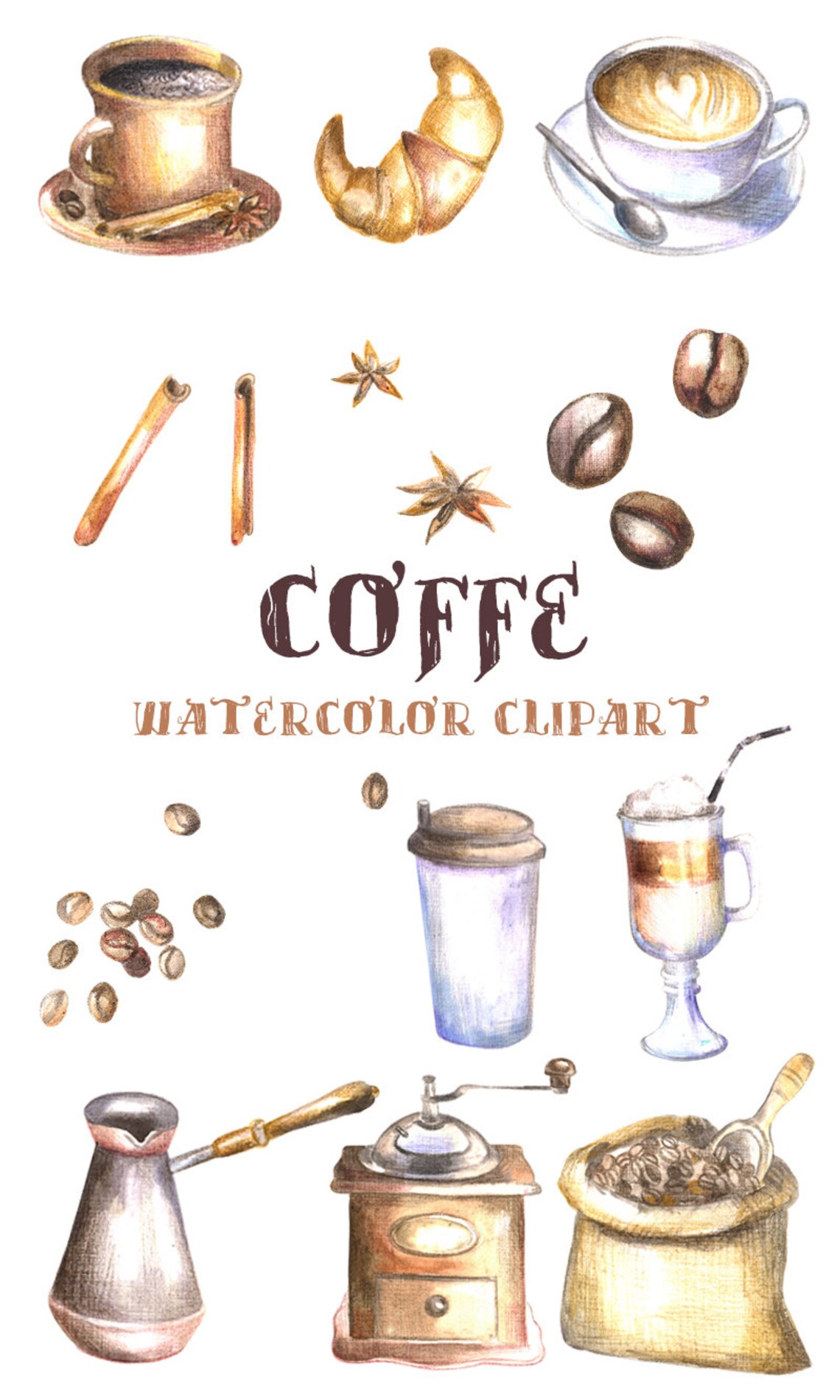 Watercolor Coffee Clipart, Coffee Mug, Coffee Beans, Cappuccino Clipart ...