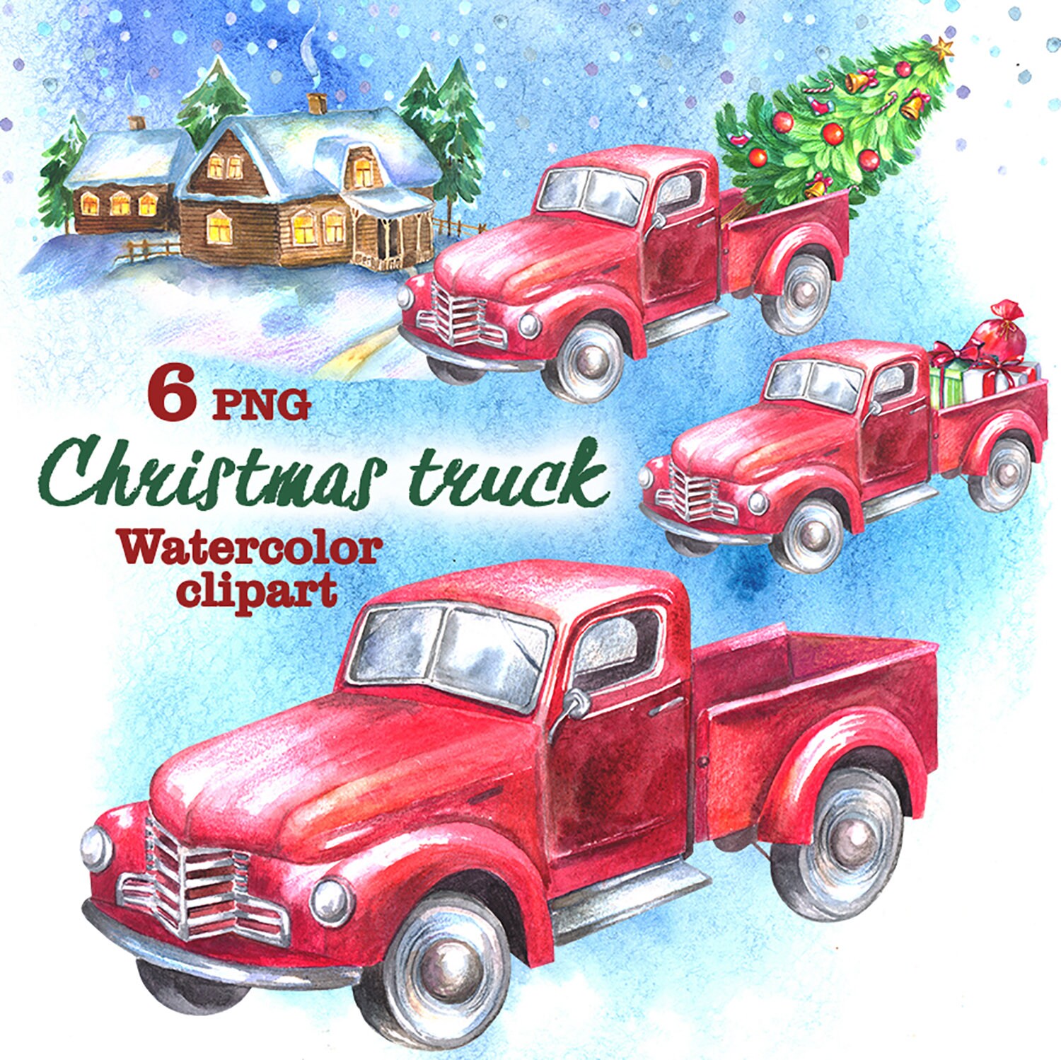 Watercolor Christmas Truck, Christmas Truck Clipart, Christmas Truck ...