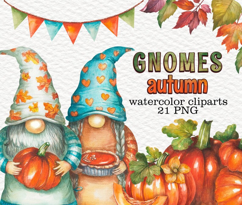 Watercolor Gnomes Autumn, Fall Gnomes, Pumpkin Gnome Png, Leaves Png ...