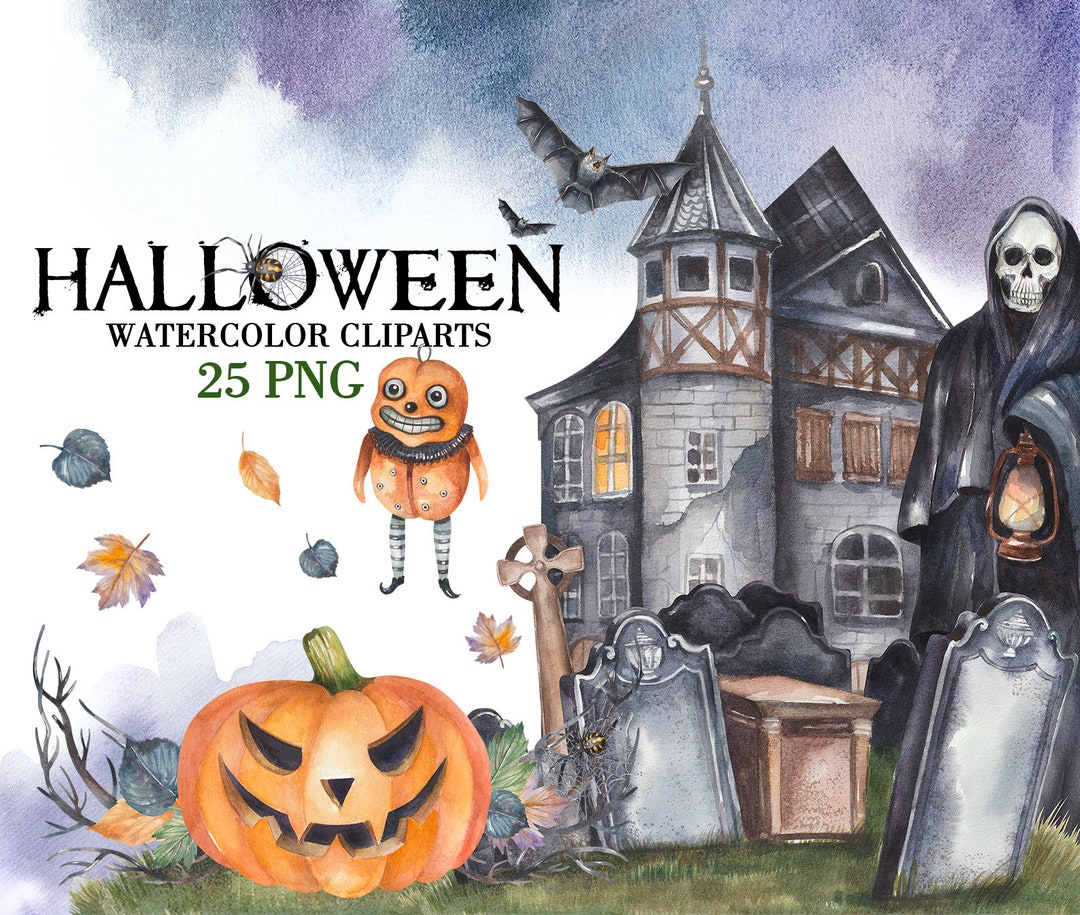 Retro Halloween Watercolor Clipart Gothic Halloween Pumpkin - Etsy