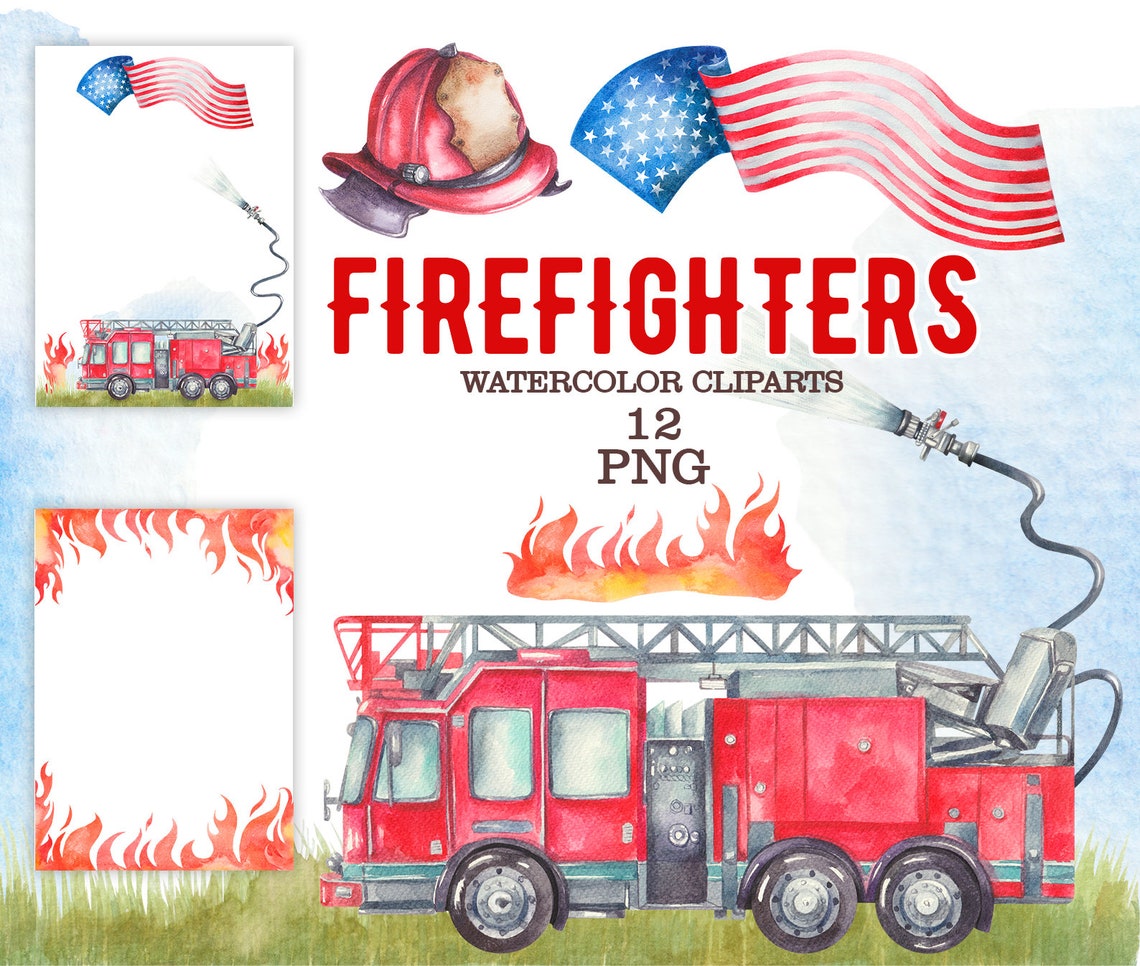 Fire Truck Clipart, Firefighters Watercolor Clipart, Red Fire Truck ...