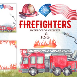 Fire Truck Clipart, Firefighters Watercolor Clipart, Red Fire Truck ...