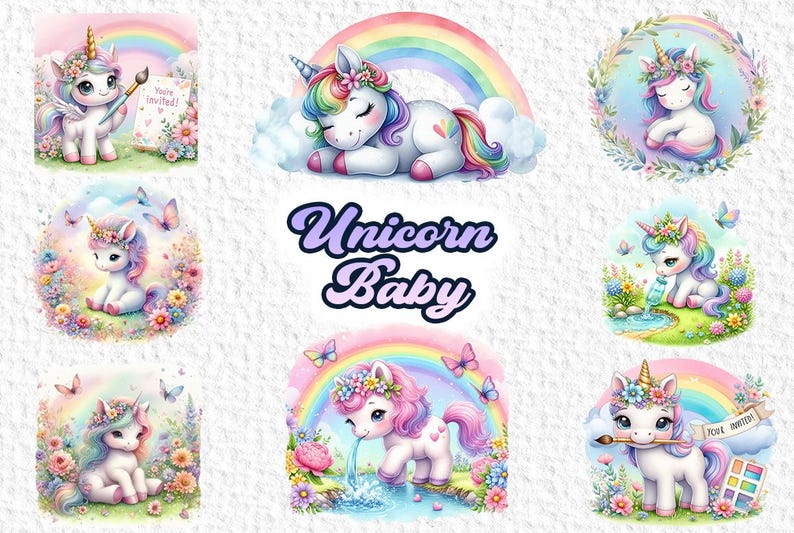 Unicorn Baby Watercolor Clipart Png, Rainbow Unicorn, Party Clipart ...