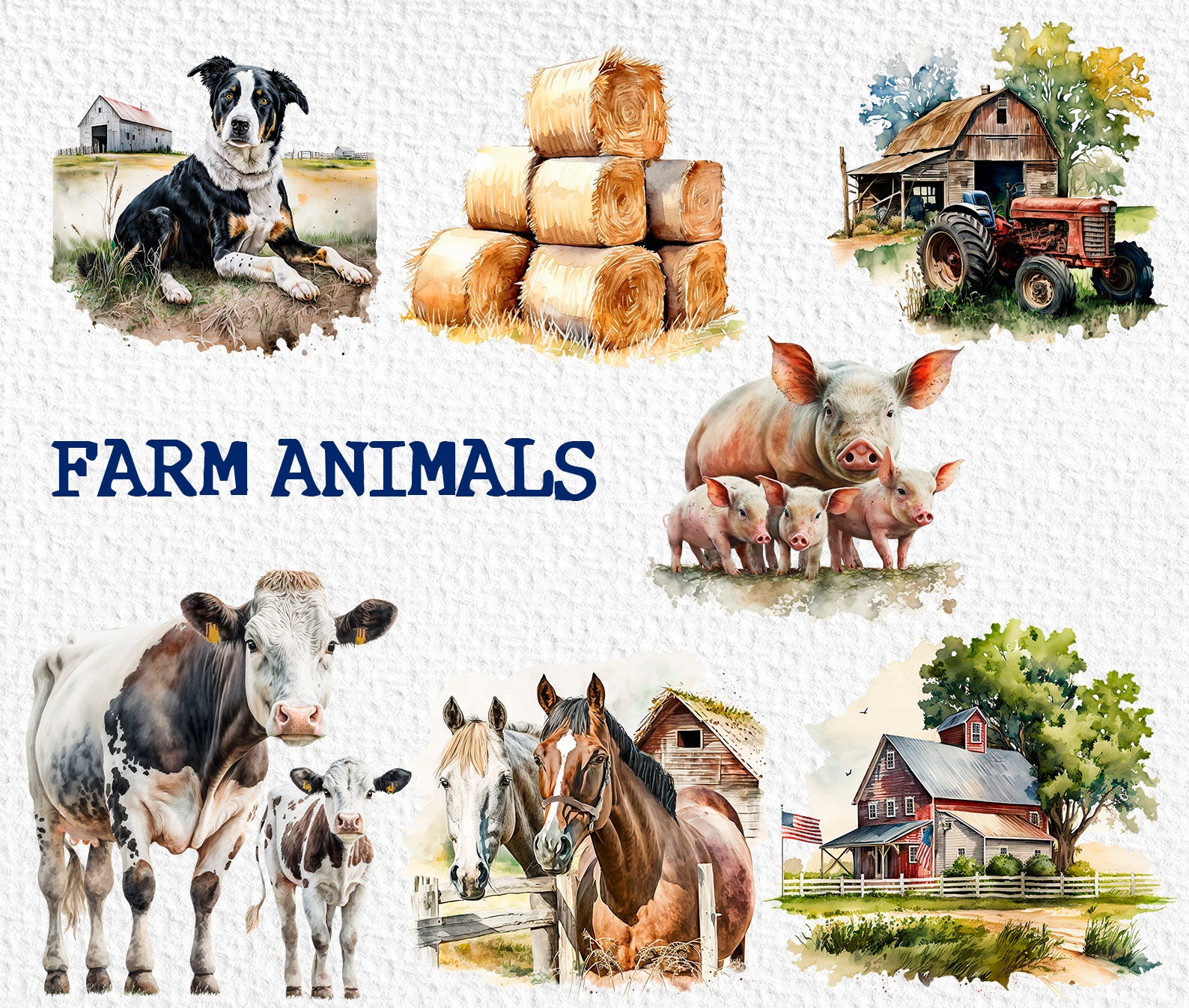 Farm Animals Watercolor Clipart Png Cow Farm Birthday Baby - Etsy