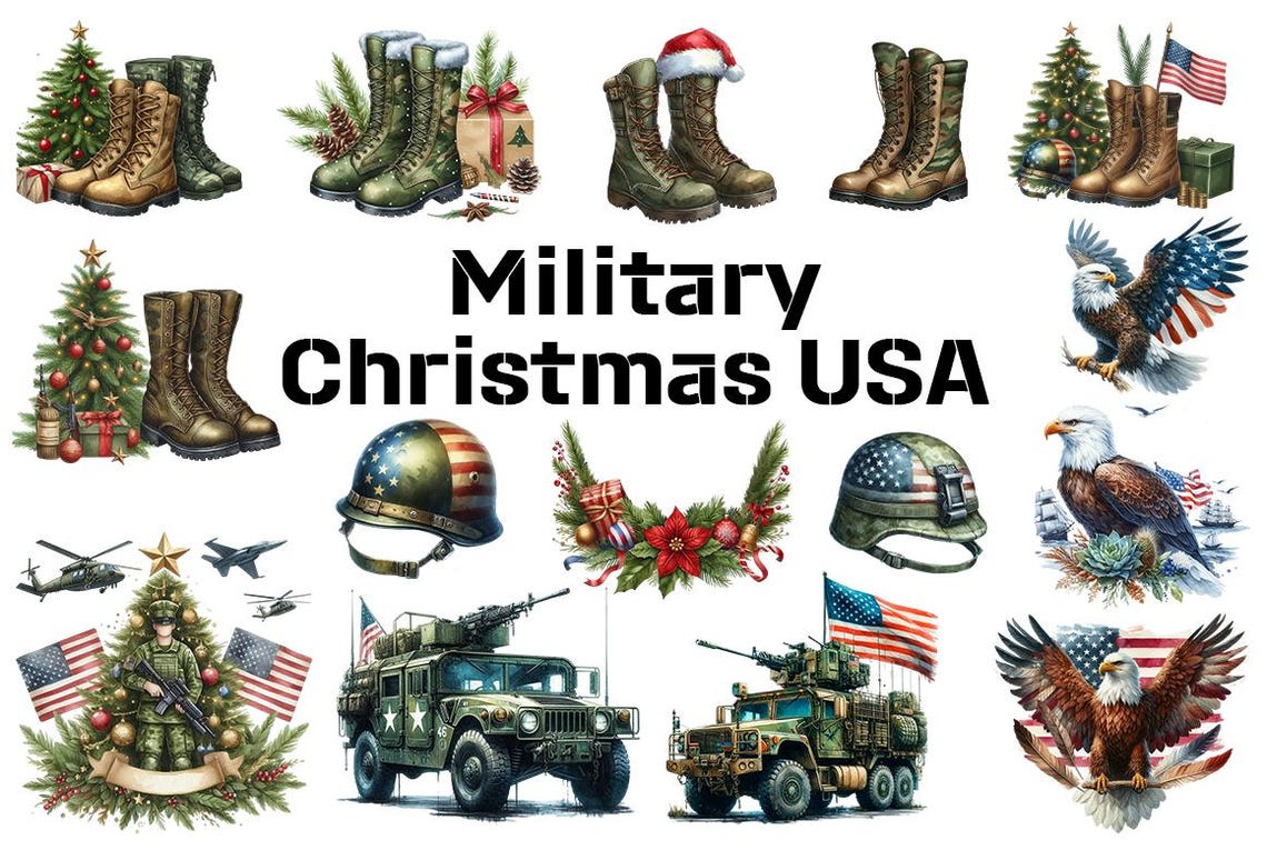 Watercolor Military Christmas Clipart: USA Patriotic PNG (digital ...