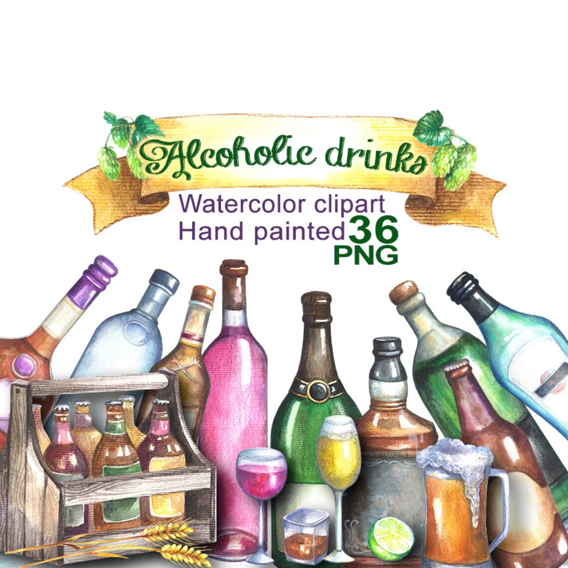 Watercolor Alcoholic Drinks Clipart Watercolor Clipart Digital Clipart ...