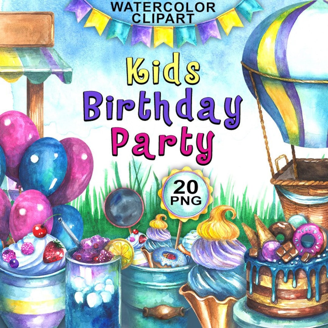 Kids Birthday Party, Watercolor Clipart, Hot Air Balloon, Png Clipart ...
