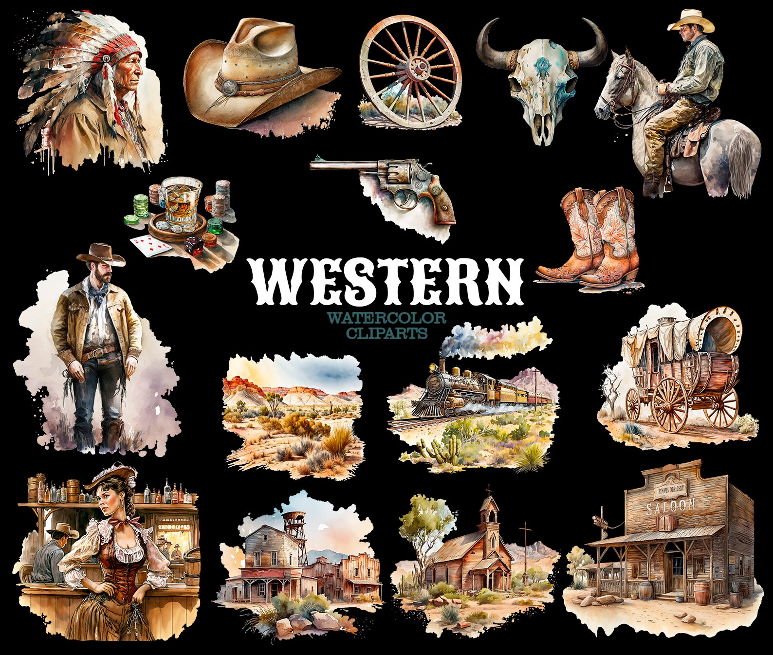 Watercolor Western Clipart, Cowboy Clipart, Wild West Clipart, Country ...