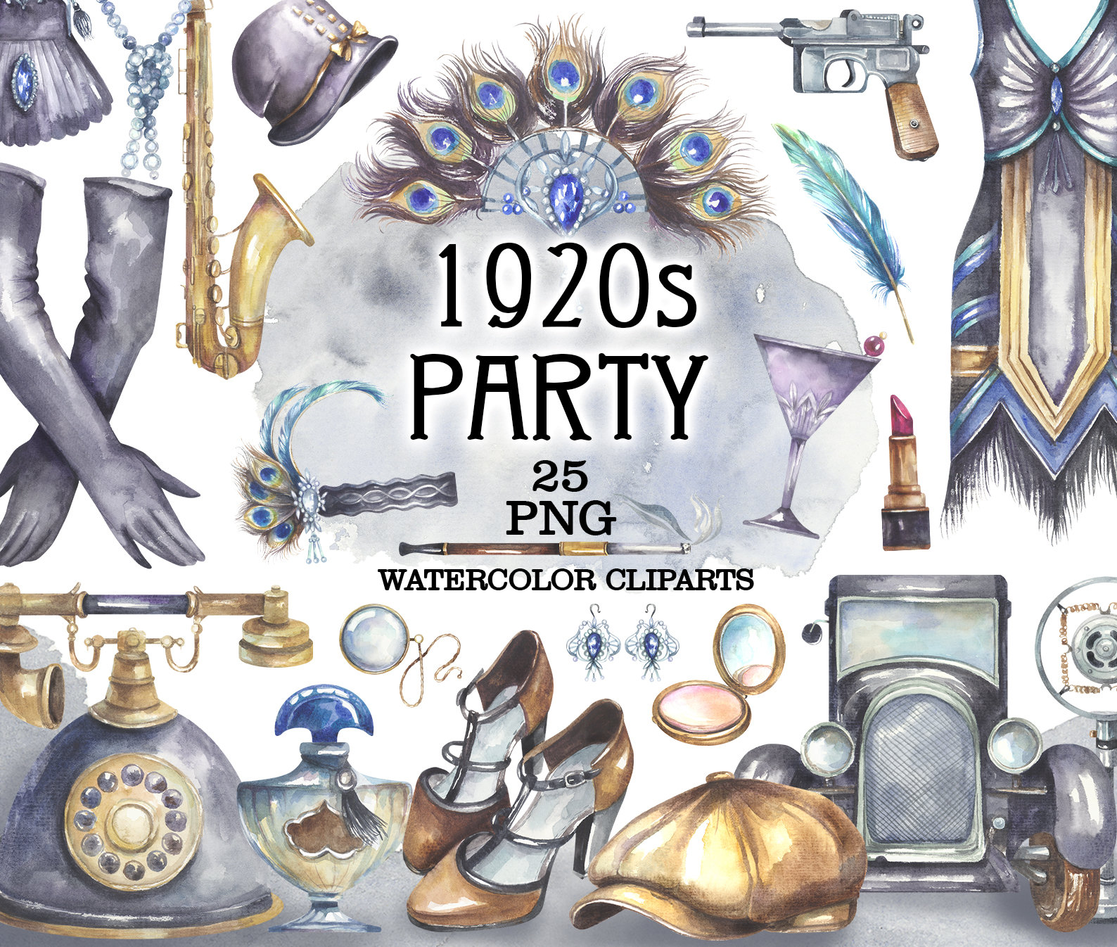 1920s Party Watercolor Clipart, 1920 Party Invitation, Png Roaring 20s ...
