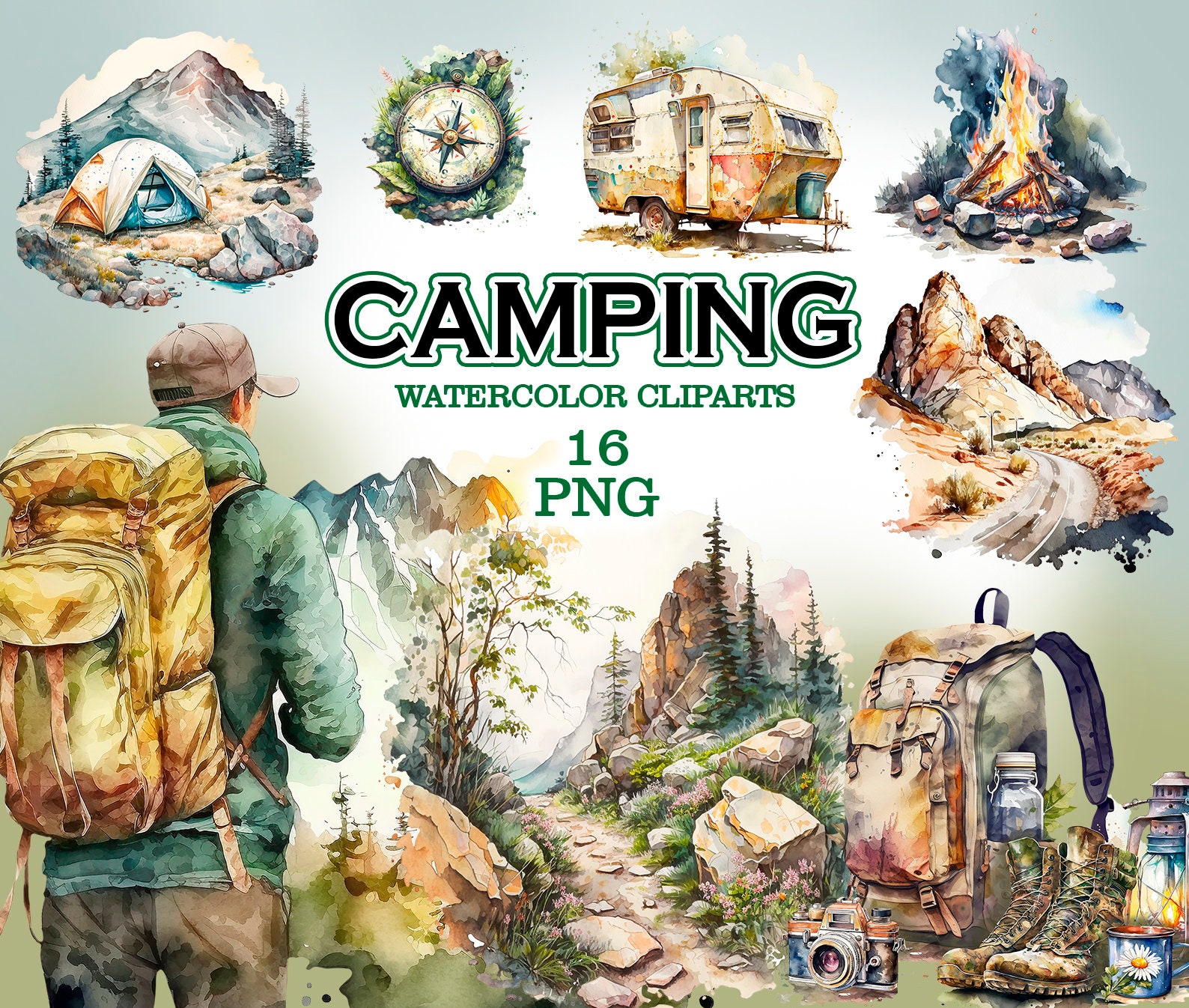 Camping Watercolor Clipart, PNG, Camping Theme, Hiking, Tent Clipart ...