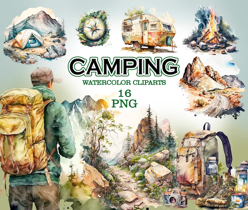 Watercolor Camping Clipart: Hiking, Tent, Landscape (PNG Digital ...