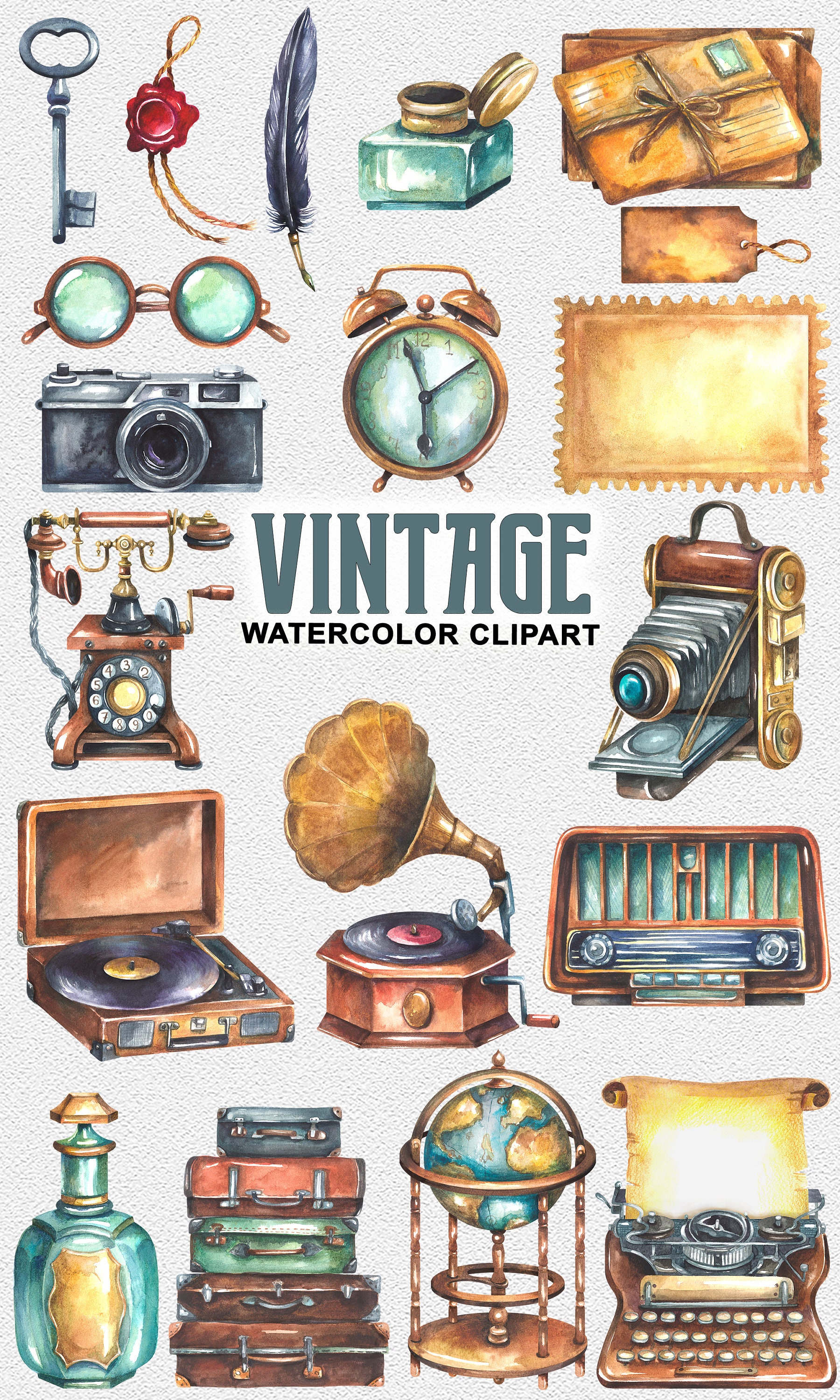 Vintage Watercolor Clipart: Antique Camera, Globe, Typewriter (PNG ...