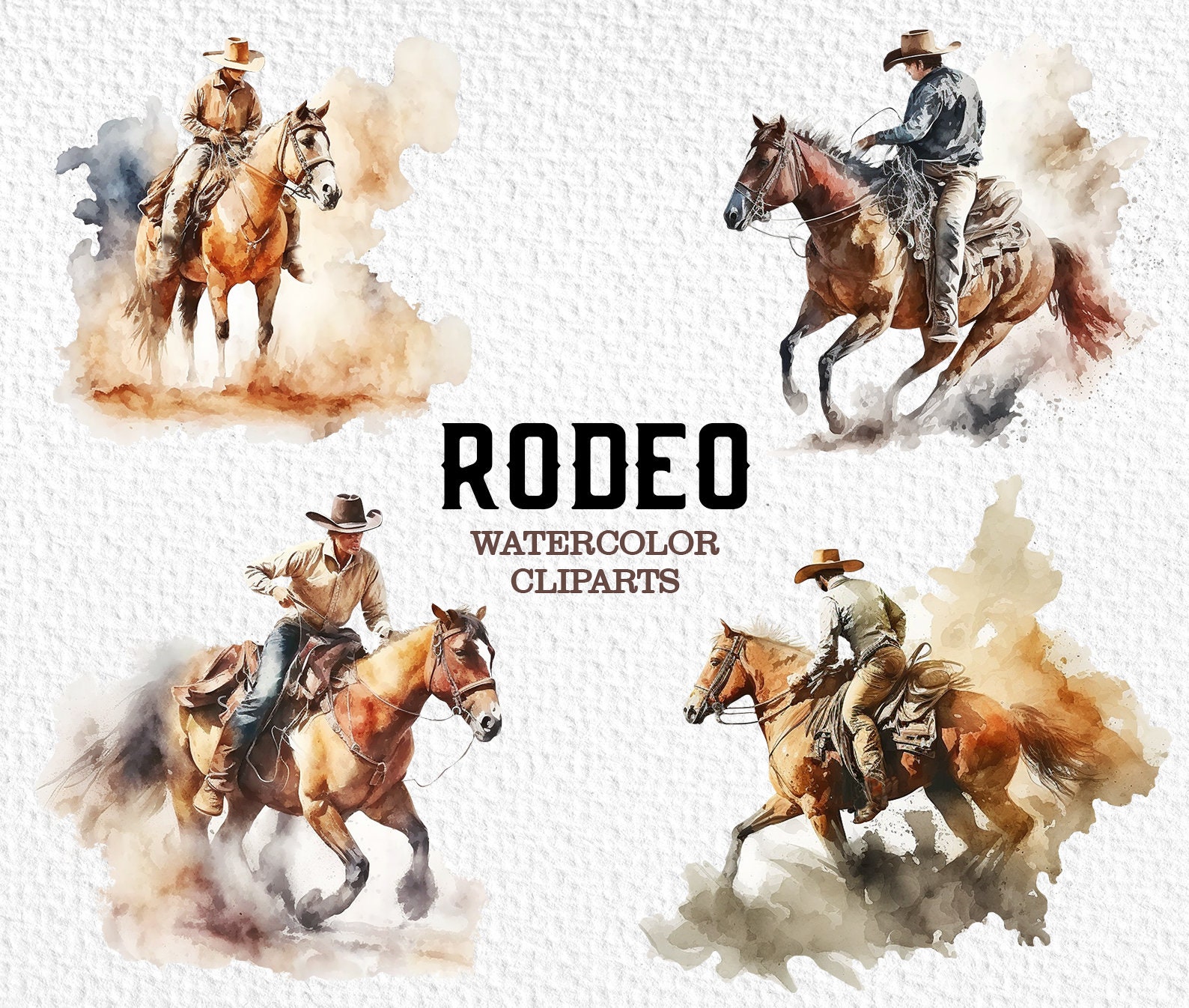 Watercolor Rodeo Clipart: Western Cowboy, Horse, Cactus (PNG Digital ...
