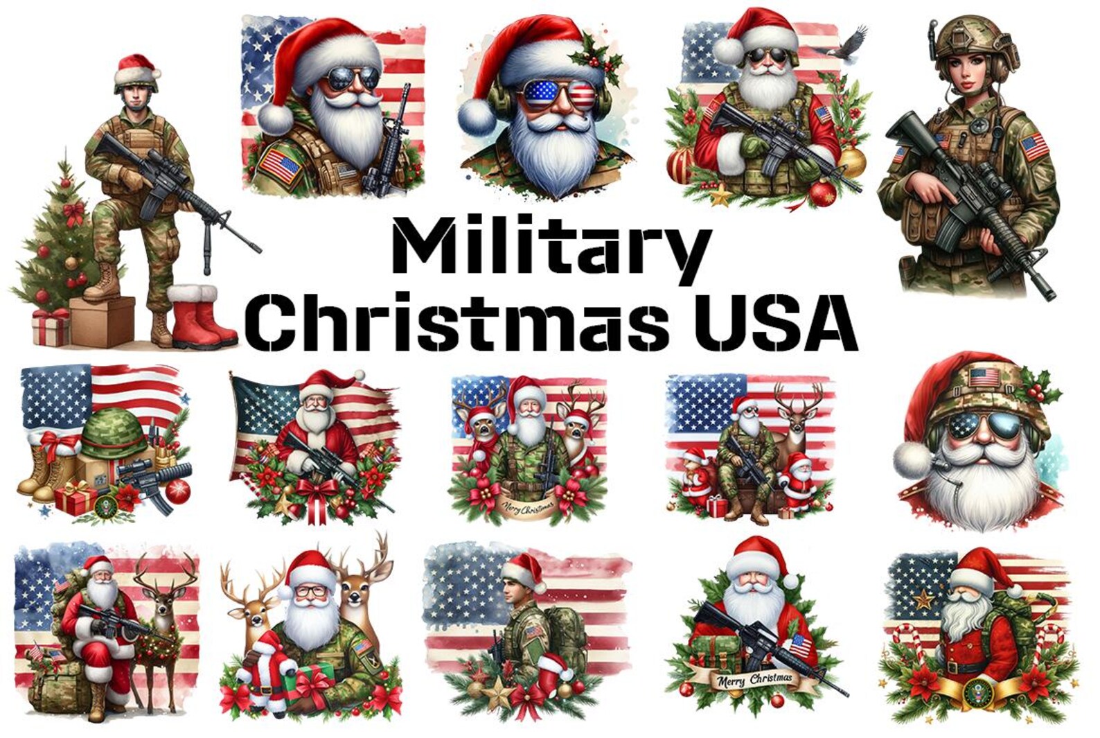 Watercolor Military Christmas Clipart: USA Patriotic PNG (digital ...
