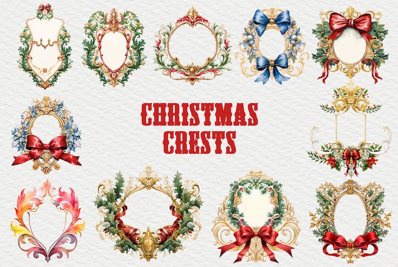 Watercolor Christmas Crest Clipart: Holiday Frame Illustrations (PNG ...