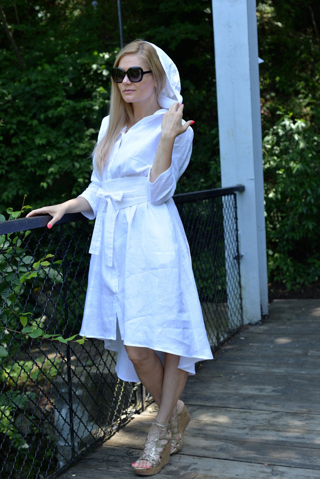 White Linen Belted Dress,hooded Cloak With Pocket, Women Linen Hoodie ...