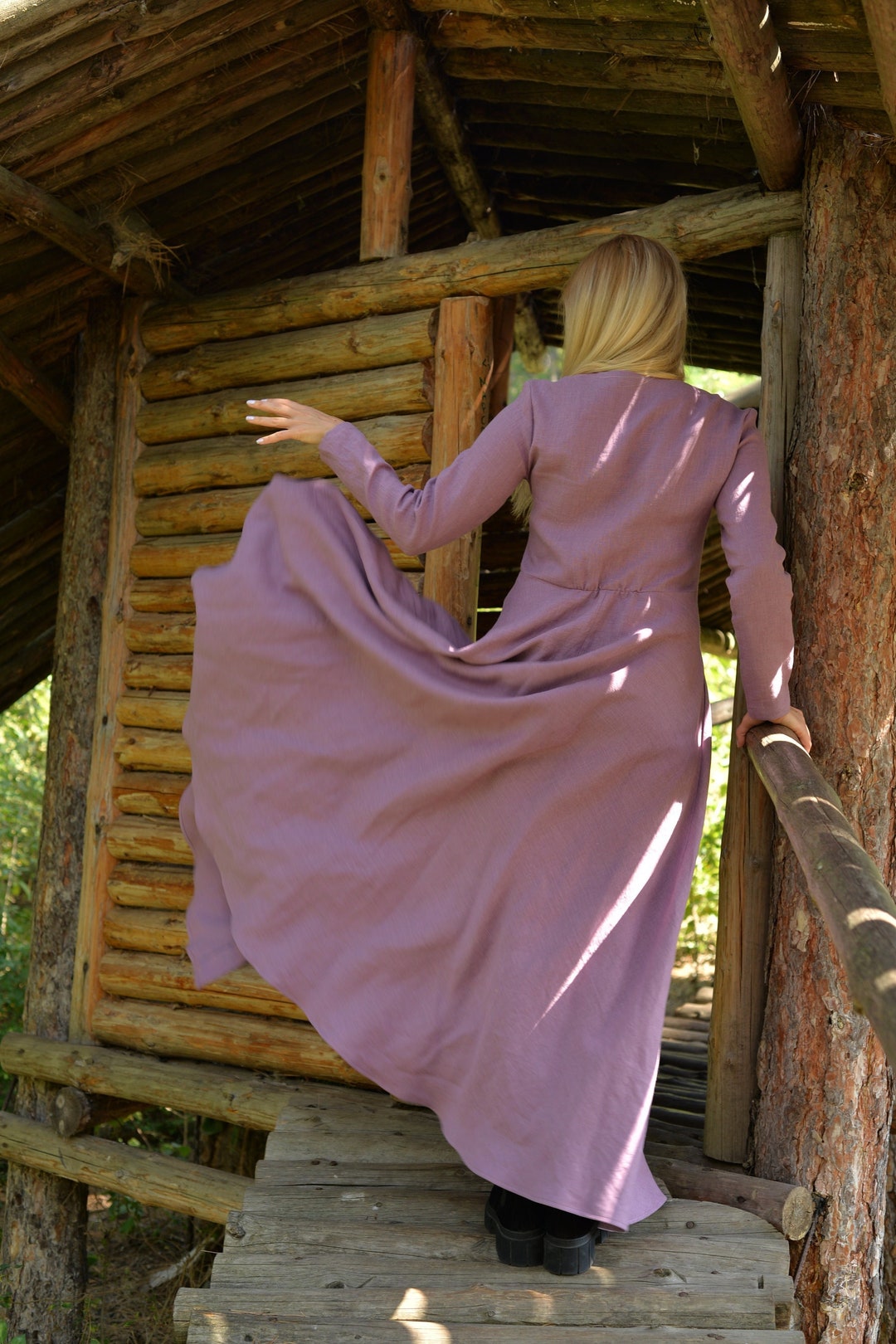 Linen Botton Down V Neck Dress Women Long Sleeves Dress Plus Size ...