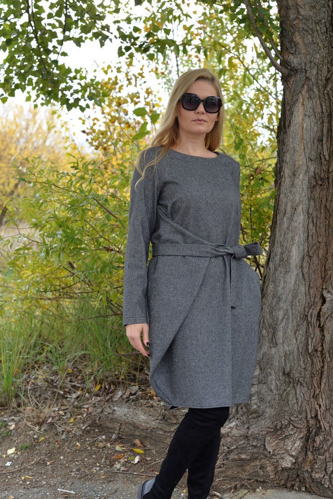 Warm Winter Dress, Grey Wool Long Sleeves Dress, Wool Cocoon Wrap Dress ...