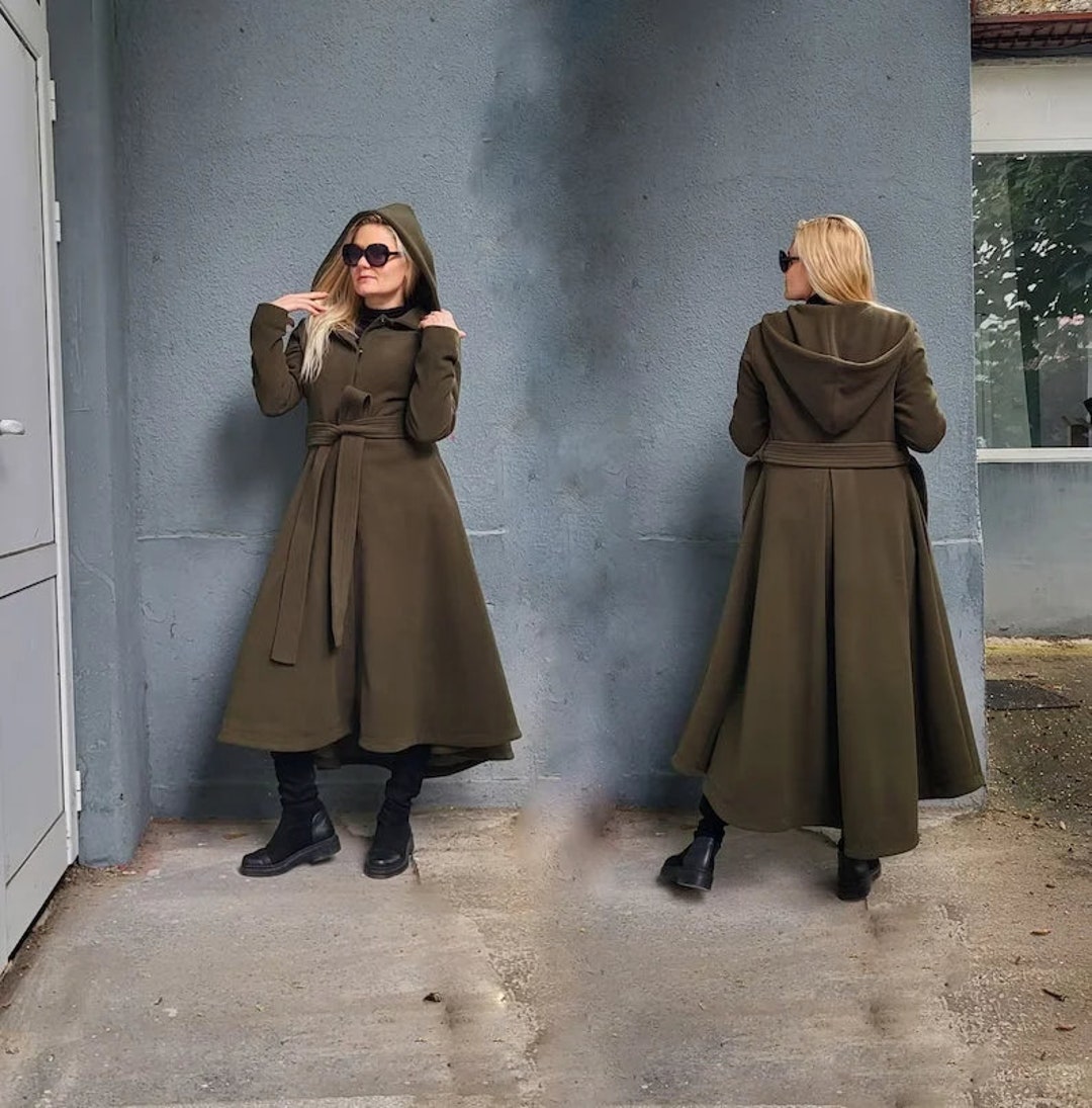 Asymmetric Wool Coat Military Jacket, Hooded Maxi Coat for Women ...