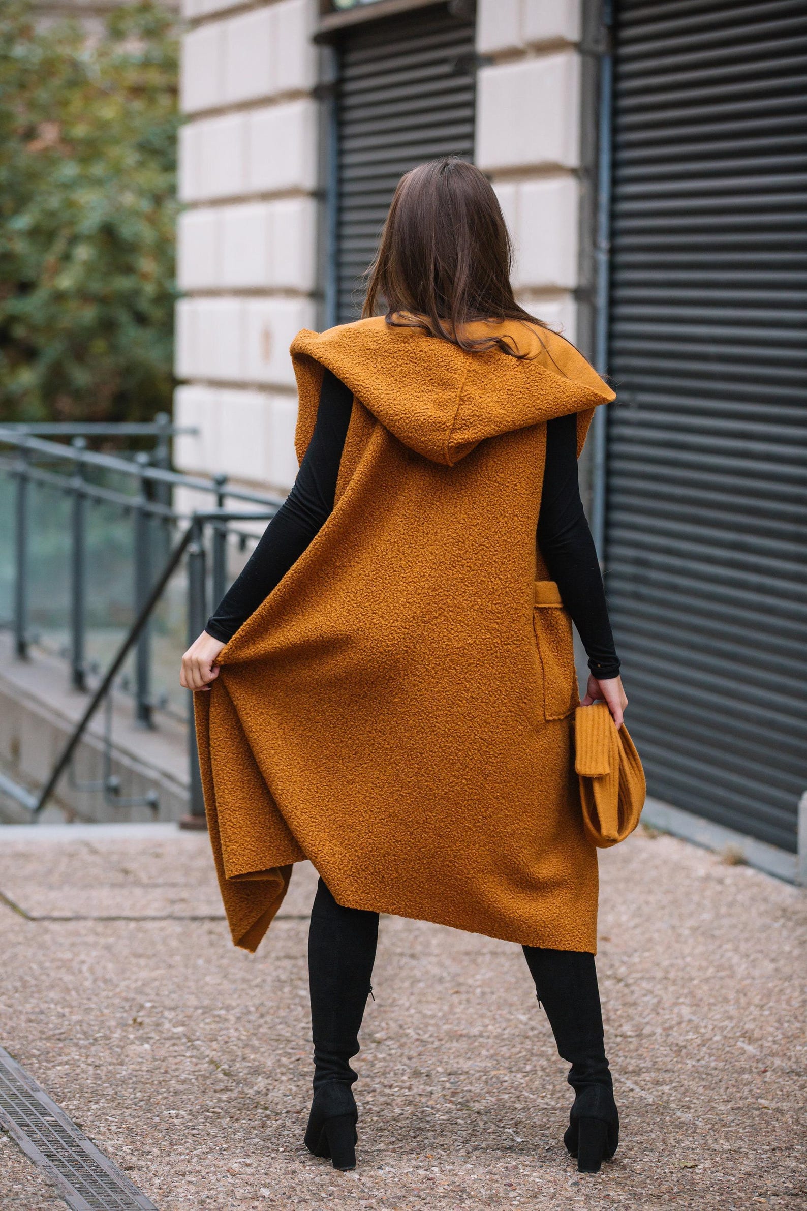 Wool Blend Sweater Vest, Winter Hooded Vest, Mustard Winter Vest With ...
