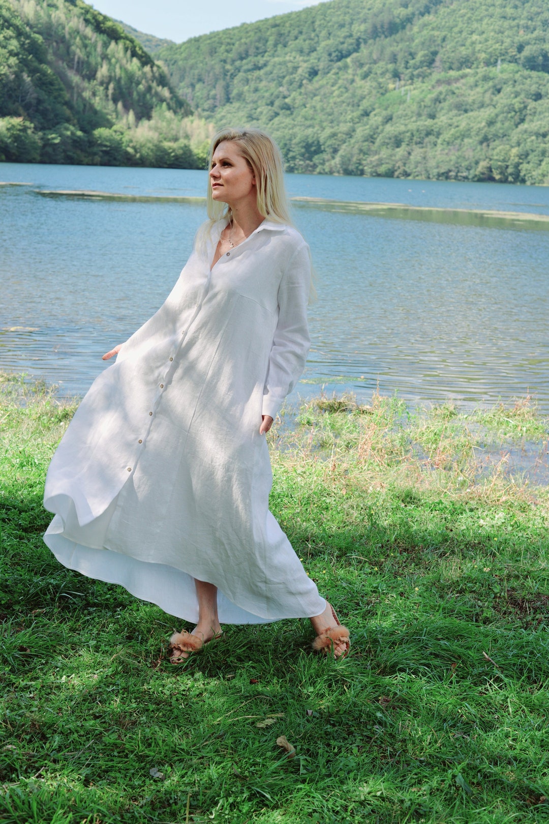 White Linen Abaya Linen Maxi Dress Summer Linen Dress Botton Down