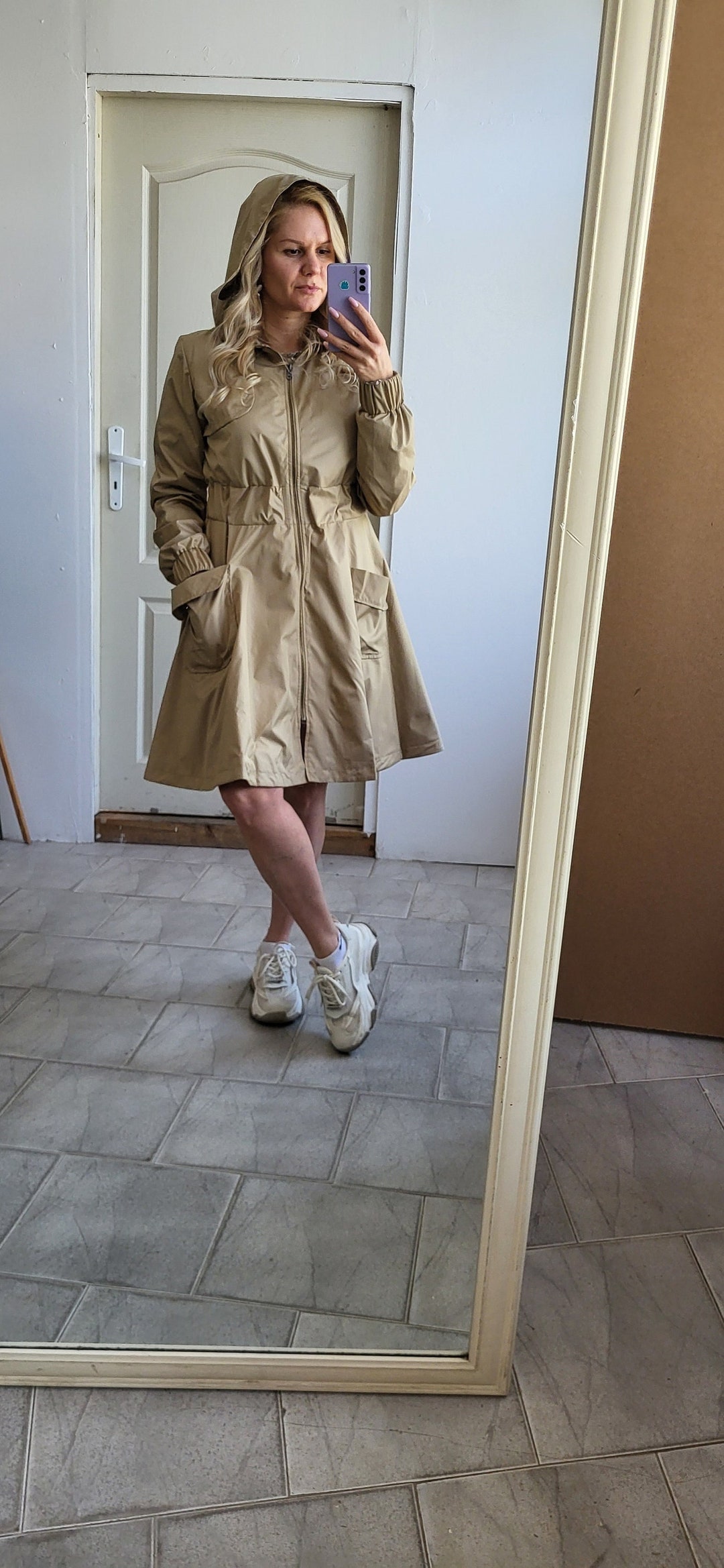 Beige Rain Coat, Hooded Summer Trench Coat, Elastic Waist Trench ...