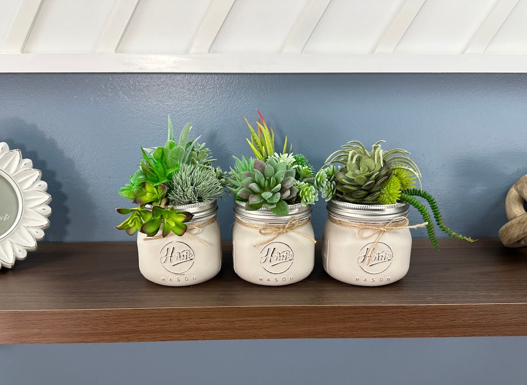 Farmhouse Decor, Artificial Succulent Planter, Mason Jar Decor ...