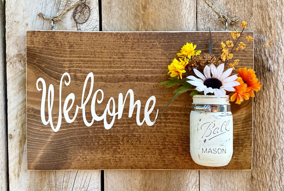 Rustic Welcome Wood Sign: Farmhouse Mason Jar Decor - Etsy