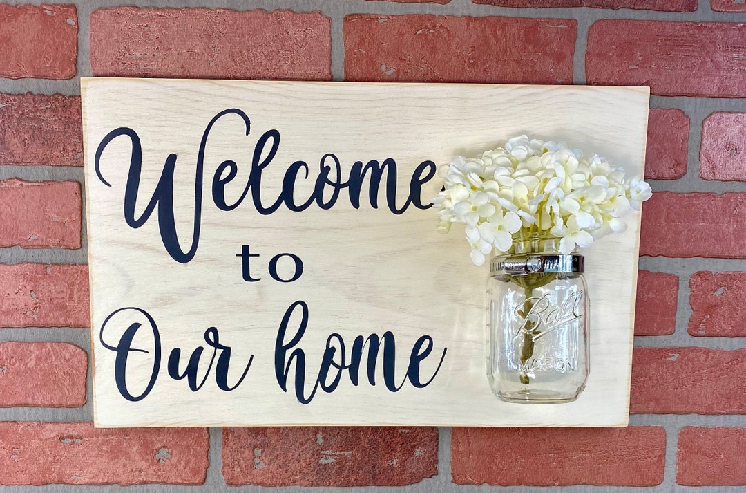 Rustic Welcome Sign: Farmhouse Front Door Decor With Mason Jar - Etsy