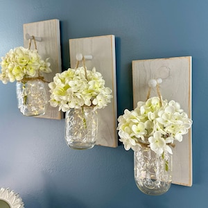 Farmhouse Mason Jar Wall Hanging, Lighted Mason Jars, Mason Jar Wall ...