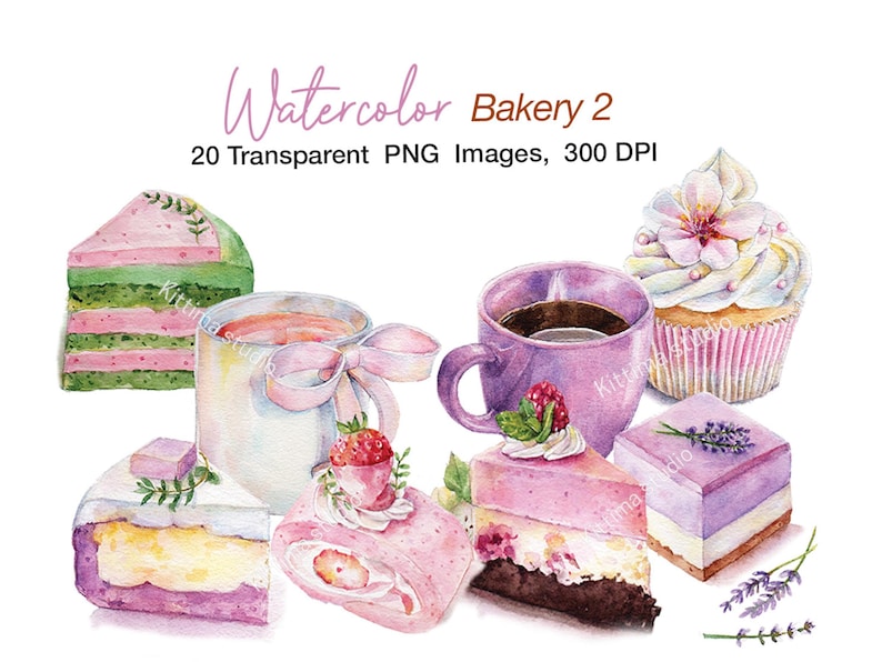 Watercolor Bakery Clipart, Clipart PNG, Digital Download, Dessert ...
