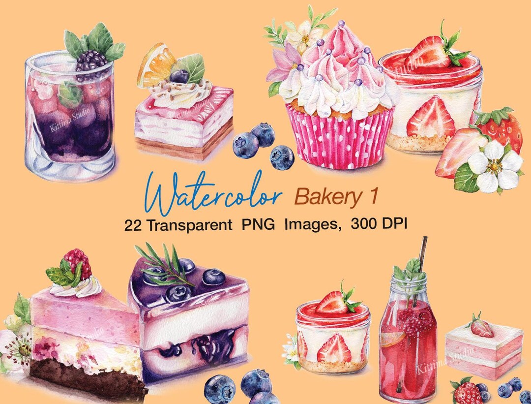 Watercolor Bakery Clipart, Clipart PNG, Digital Download, Dessert ...