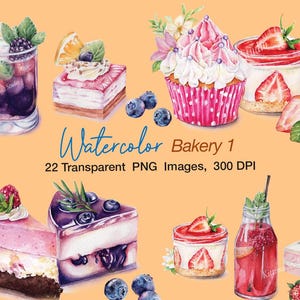 Watercolor Bakery Clipart, Clipart PNG, Digital Download, Dessert ...