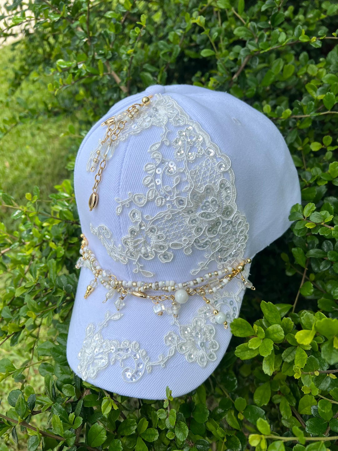 Elegant White and Gold Lace and Beads Embellished Baseball Cap - Etsy