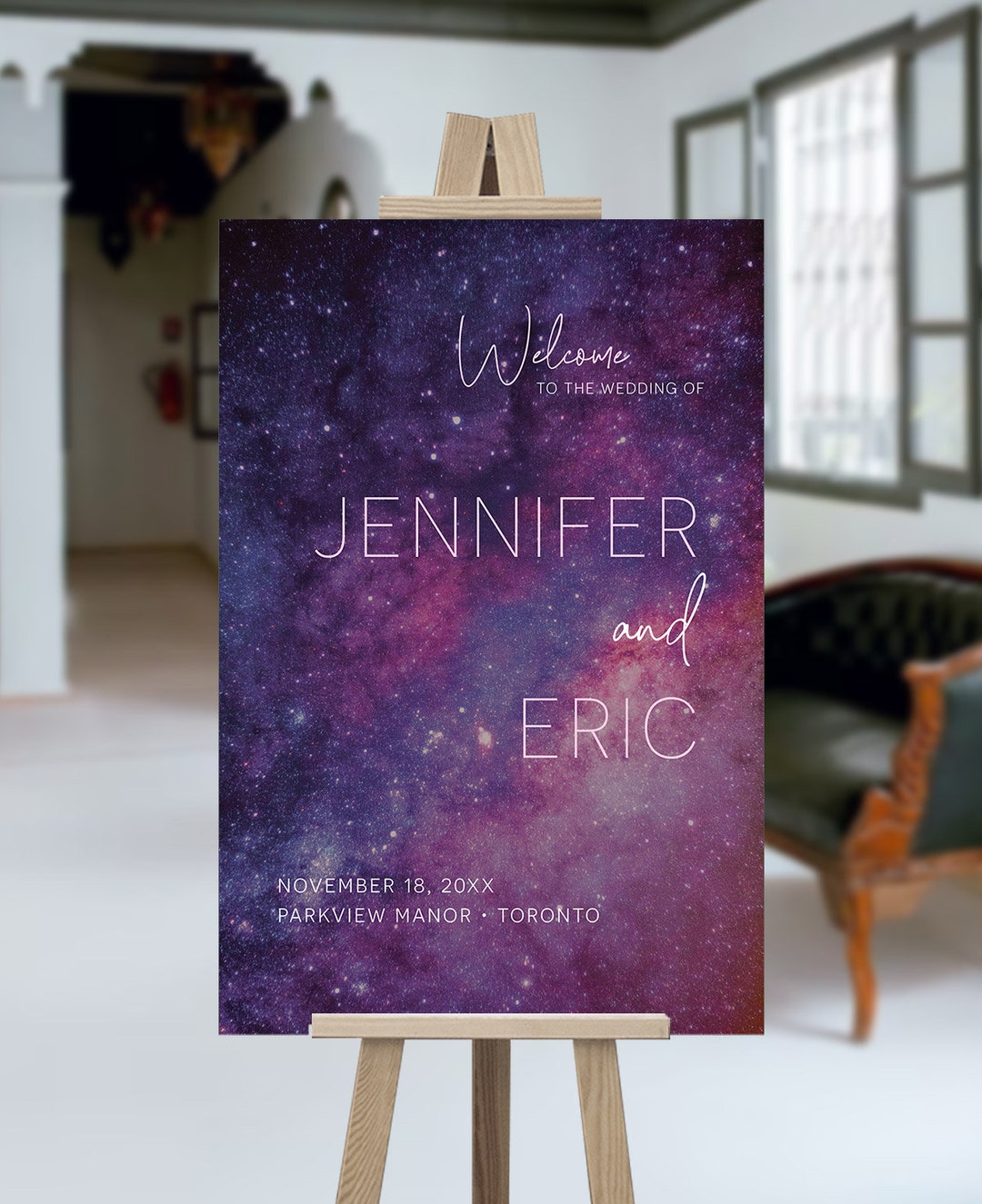 Starry Night Wedding Welcome Sign, Purple and Pink Galaxy Sign ...
