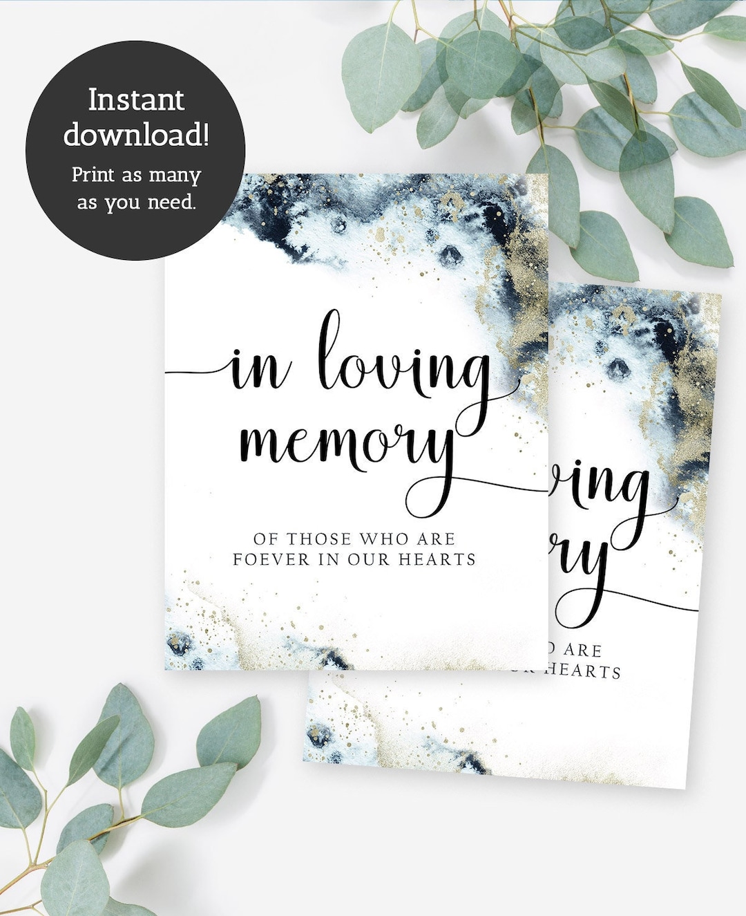 In Loving Memory Sign, Printable Memorial Sign, Navy Blue and Gold ...