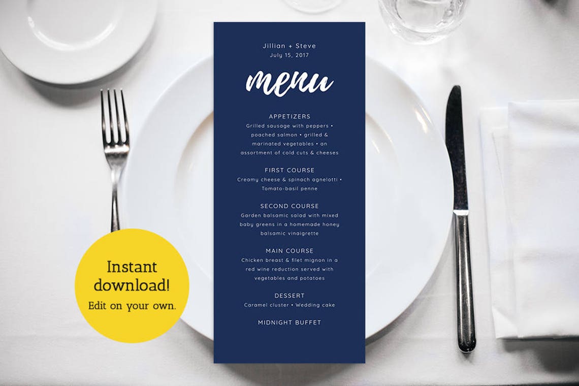 Editable Navy Wedding Menu Card Template, Modern Wedding Menu ...