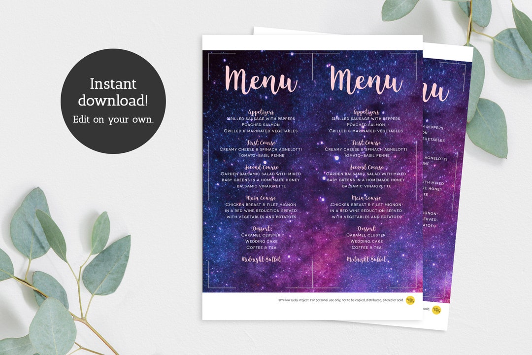 Galaxy Menu, Wedding Menu Template, Bridal Shower Menu, Starry Night ...