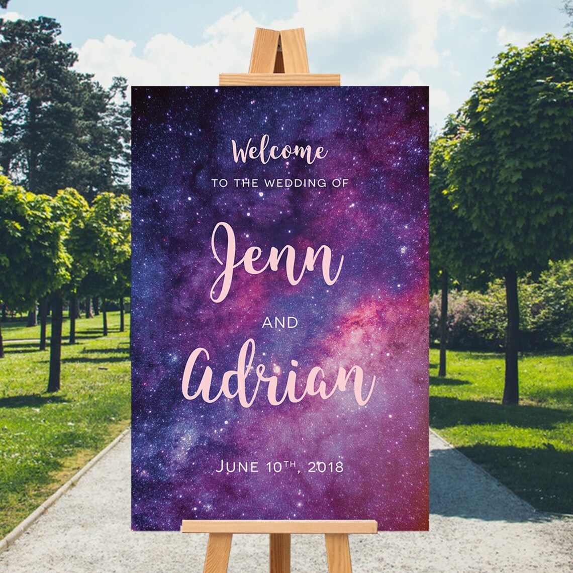 Wedding Welcome Poster, Starry Night Wedding Welcome Sign, Purple and ...