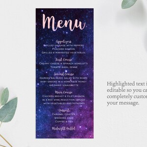 Galaxy Menu, Wedding Menu Template, Bridal Shower Menu, Starry Night ...