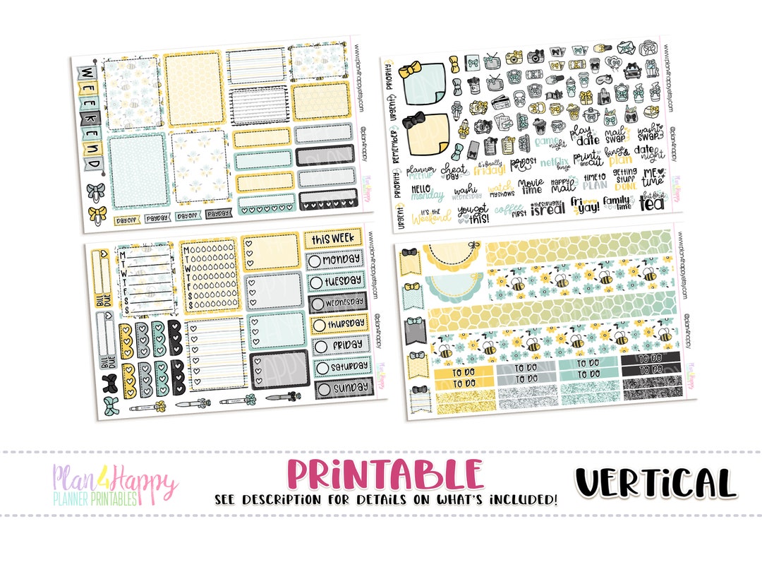 Printable Weekly Kit, Vertical Planner Weekly Kit, Sweet Bumblebees ...