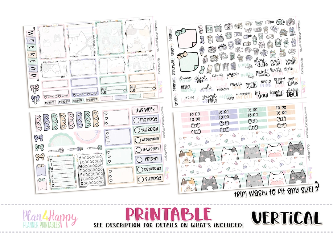 Printable Weekly Kit, Vertical Planner Weekly Kit, Spring Kitties ...