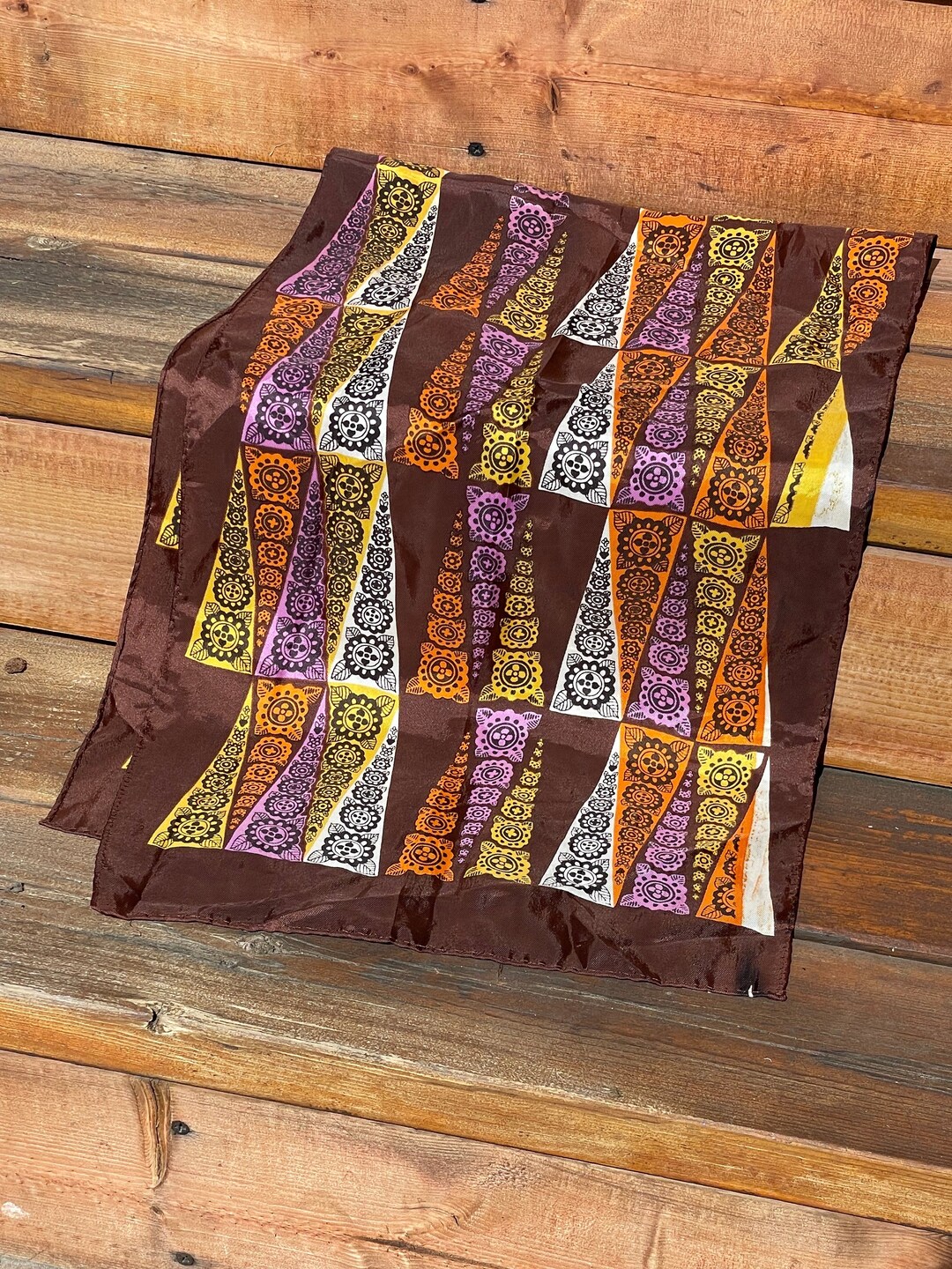 Vintage Midcentury Mod Silk Scarf in Brown, Purple, Yellow and White - Etsy