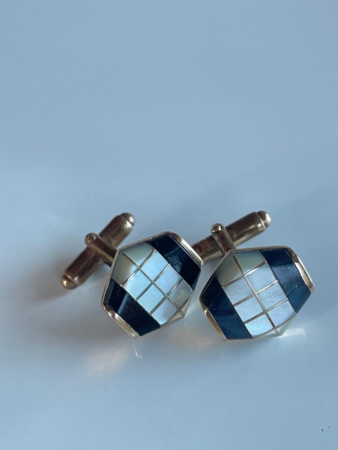 Vintage Black Onyx Mother of Pearl Cufflinks – Mid Century Geometric ...