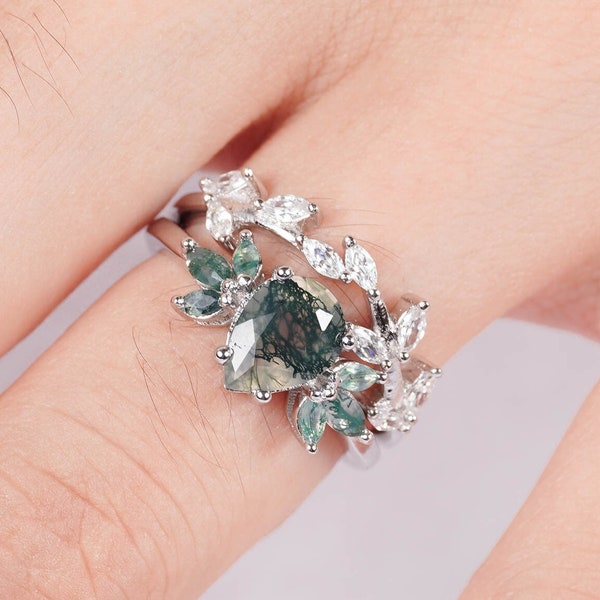 Vintage Round Moss Agate Engagement Ring Set Rose Gold Ring - Etsy