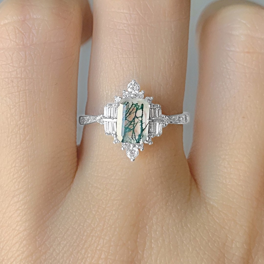 Sea Vintage Green Moss Agate Ring Sterling Silver Ring Natural - Etsy